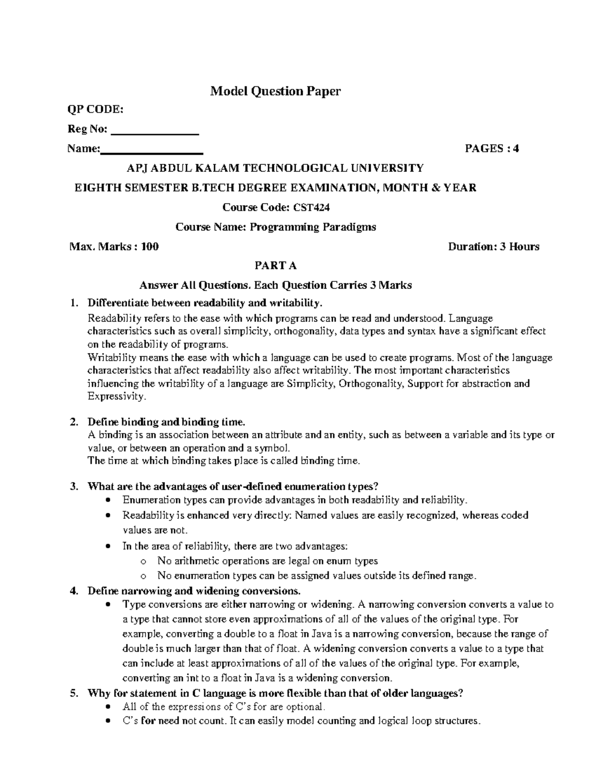 Programming Paradigms: Model Question Paper CST424 Final Exam - Studocu