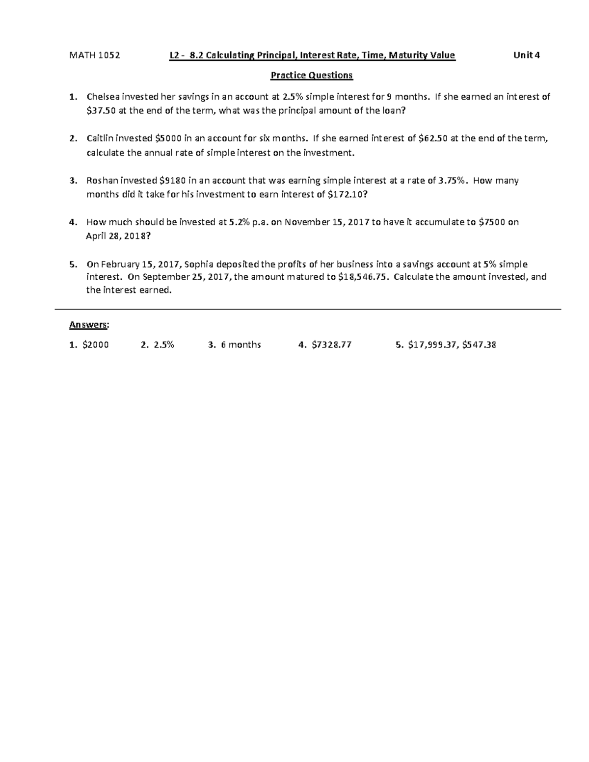 MATH 1 052 L2 - 8.2 Practice: Principal & Interest Calculations - Studocu