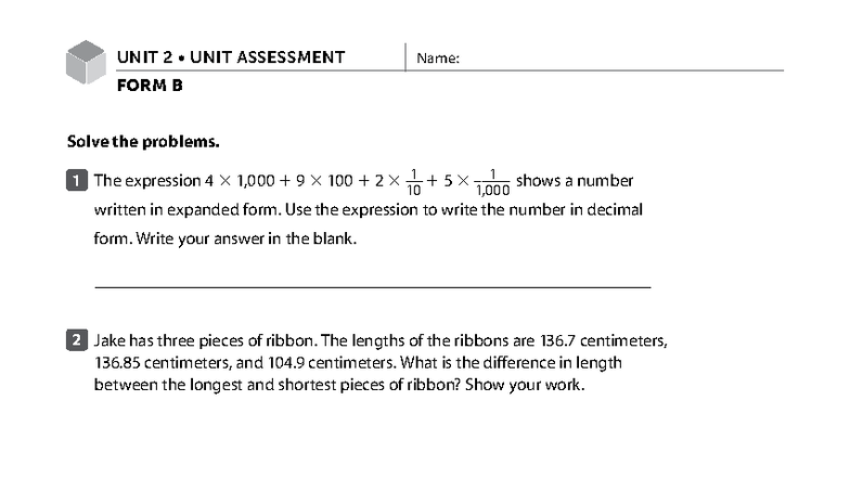 Grade 5 Math Unit 2 Assessment Form B: Problem Solving Tasks - Studocu