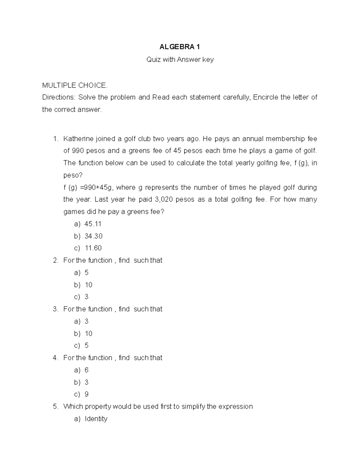 Algebra 1 - Quiz with Answer Key and Solutions - Studocu