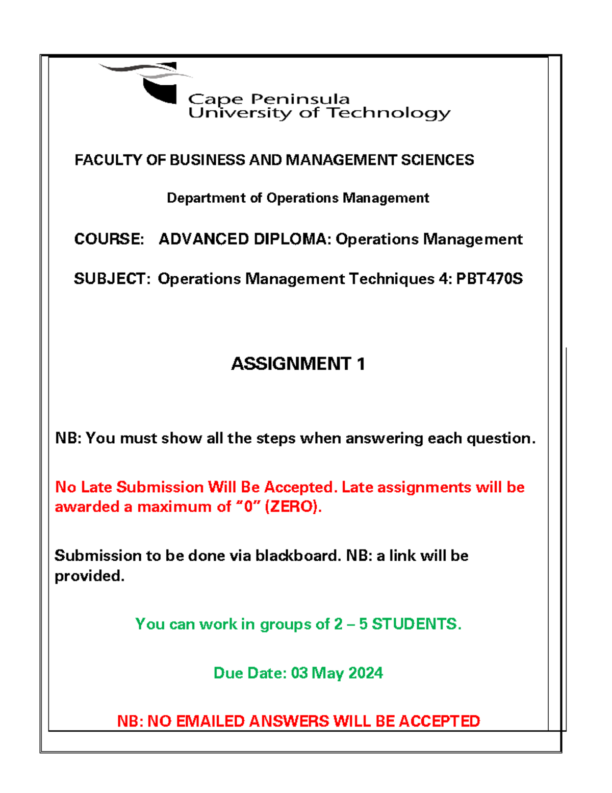 PBT470S - Assignment 1: Operations Management Techniques Analysis - Studocu