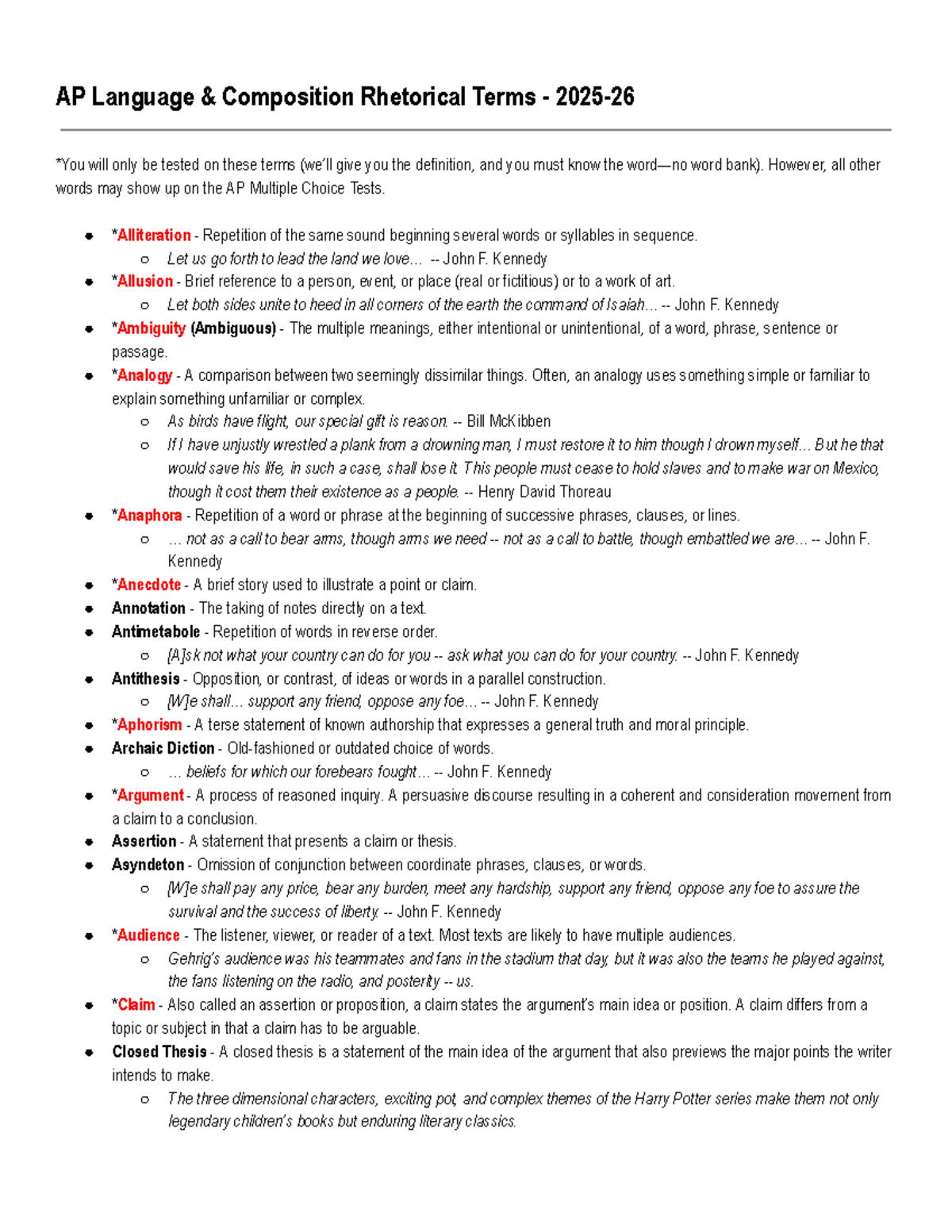 AP Language & Composition Rhetorical Terms - Study Guide for 2025-26 ...