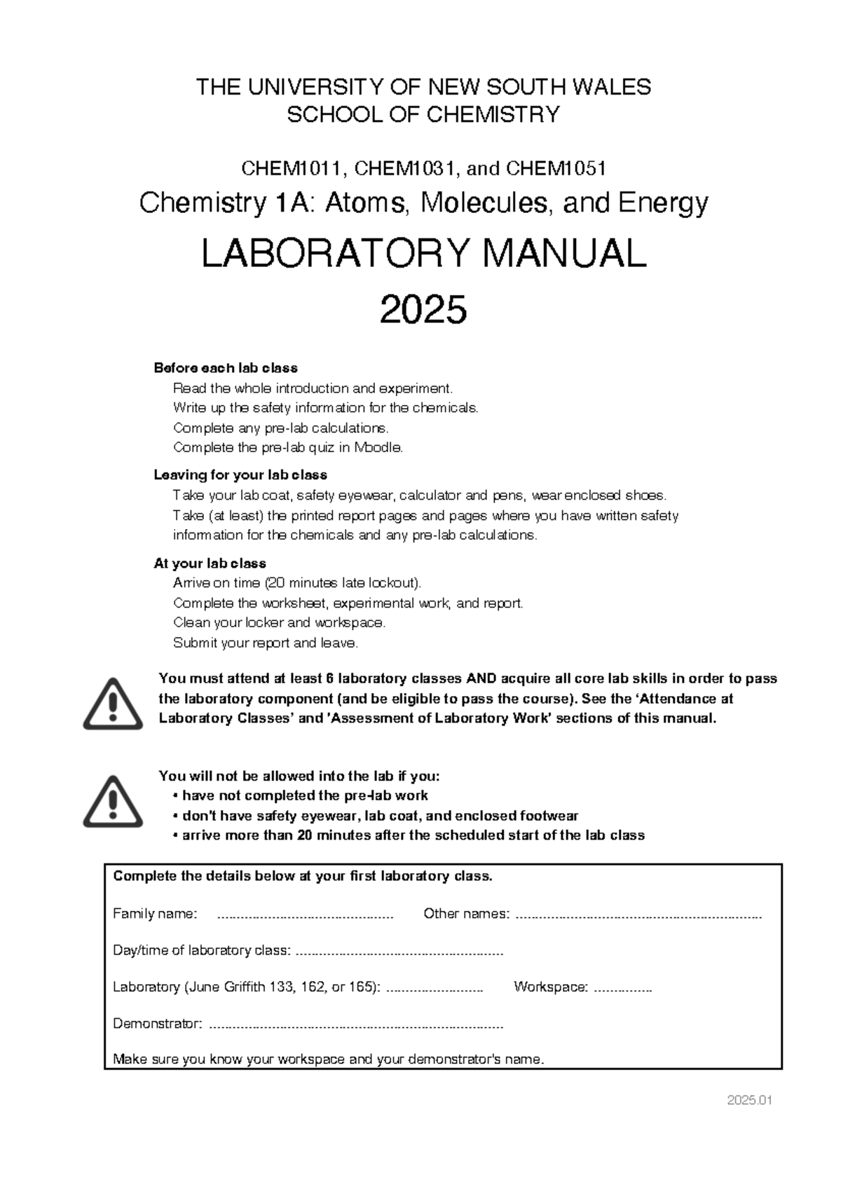 CHEM1011 31 51 lab manual T1 2025 - ####### THE UNIVERSITY OF NEW SOUTH ...