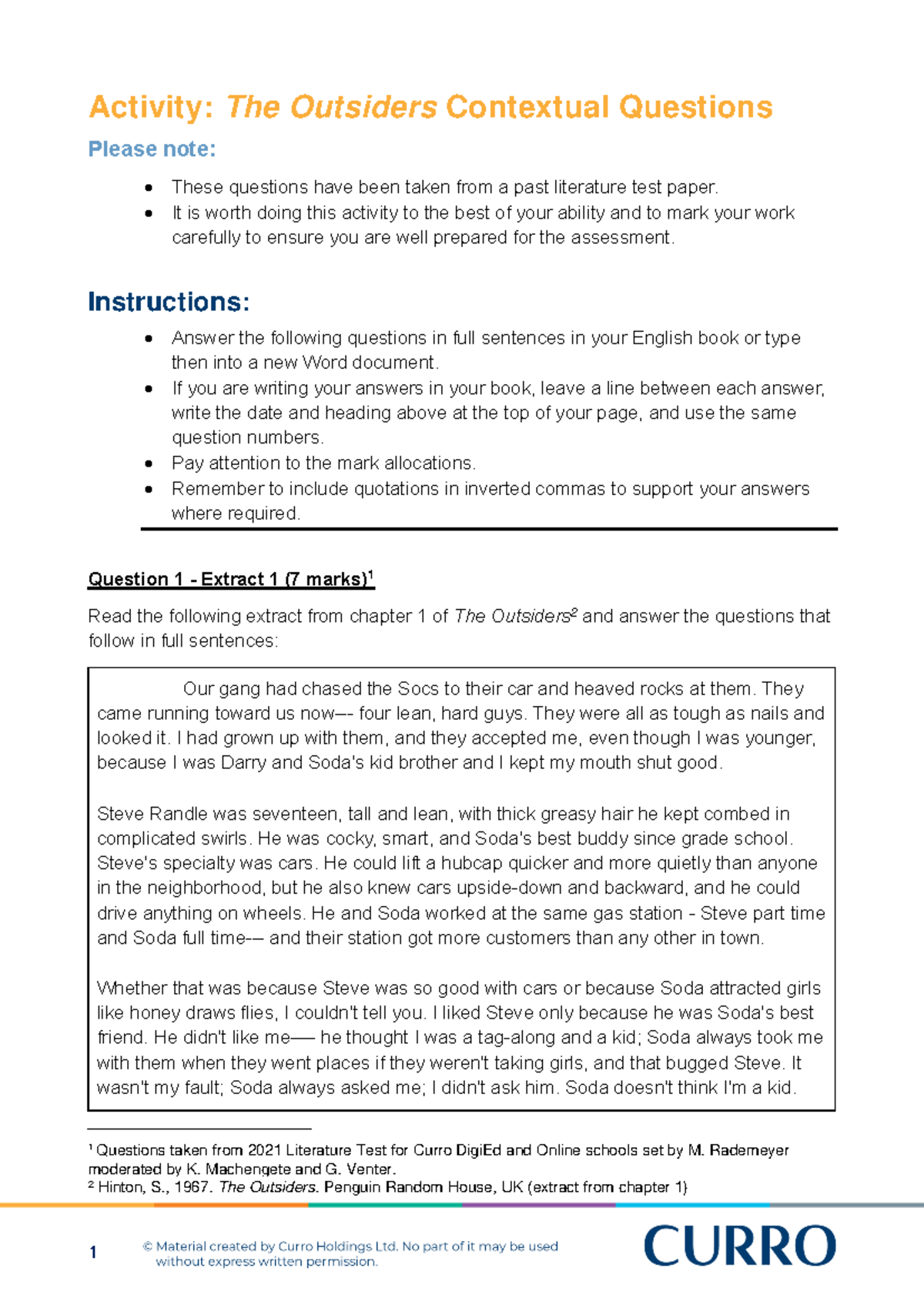 The Outsiders (ENG101) Literature Test: Contextual Questions & Analysis ...
