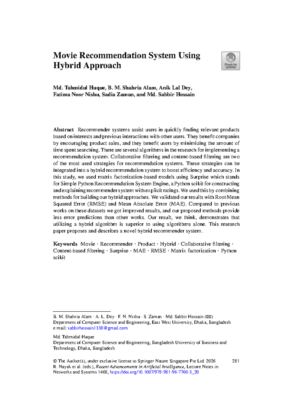 Movie Recommendation System: A Hybrid Approach (CSE 2026) - Studocu