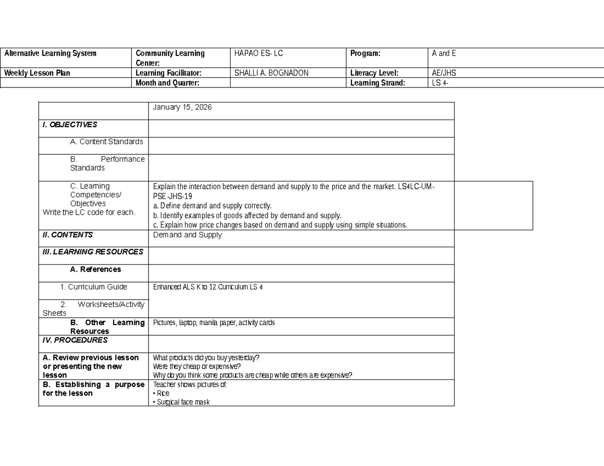 ALS-LS 4 Weekly Lesson Plan: Understanding Demand and Supply - Studocu