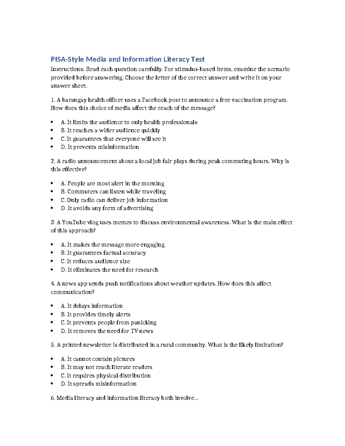 PISA Style Media Literacy Test Instructions and Answer Key - Studocu