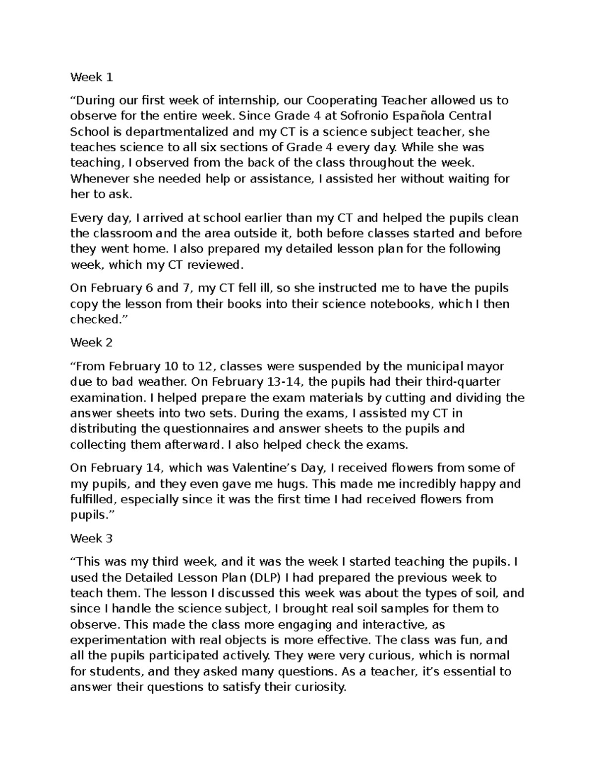 Weekly journals of internship experience in Grade 4 science class - Studocu