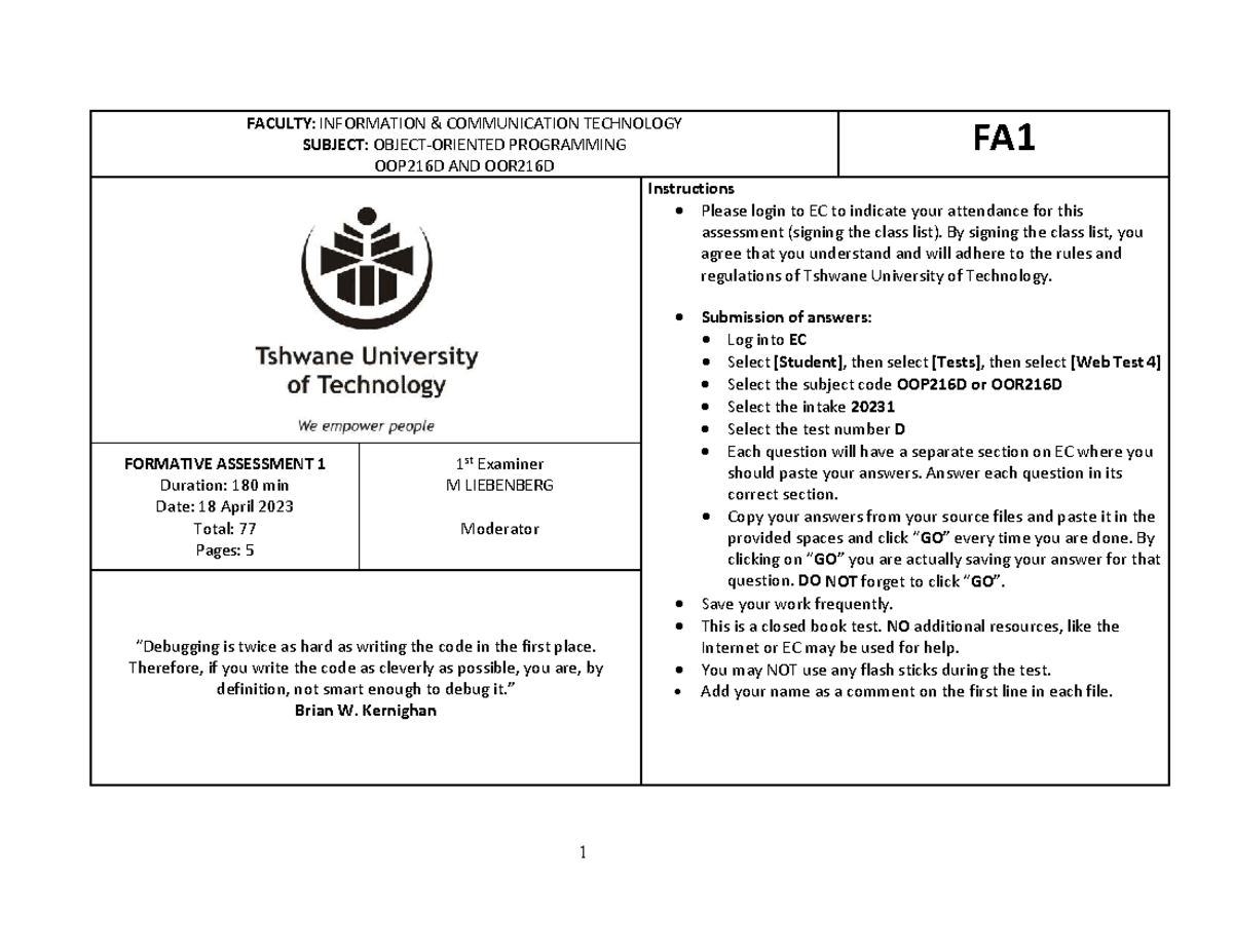 OOP216D OOR216D FA1 formative assessment instructions and guidelines ...