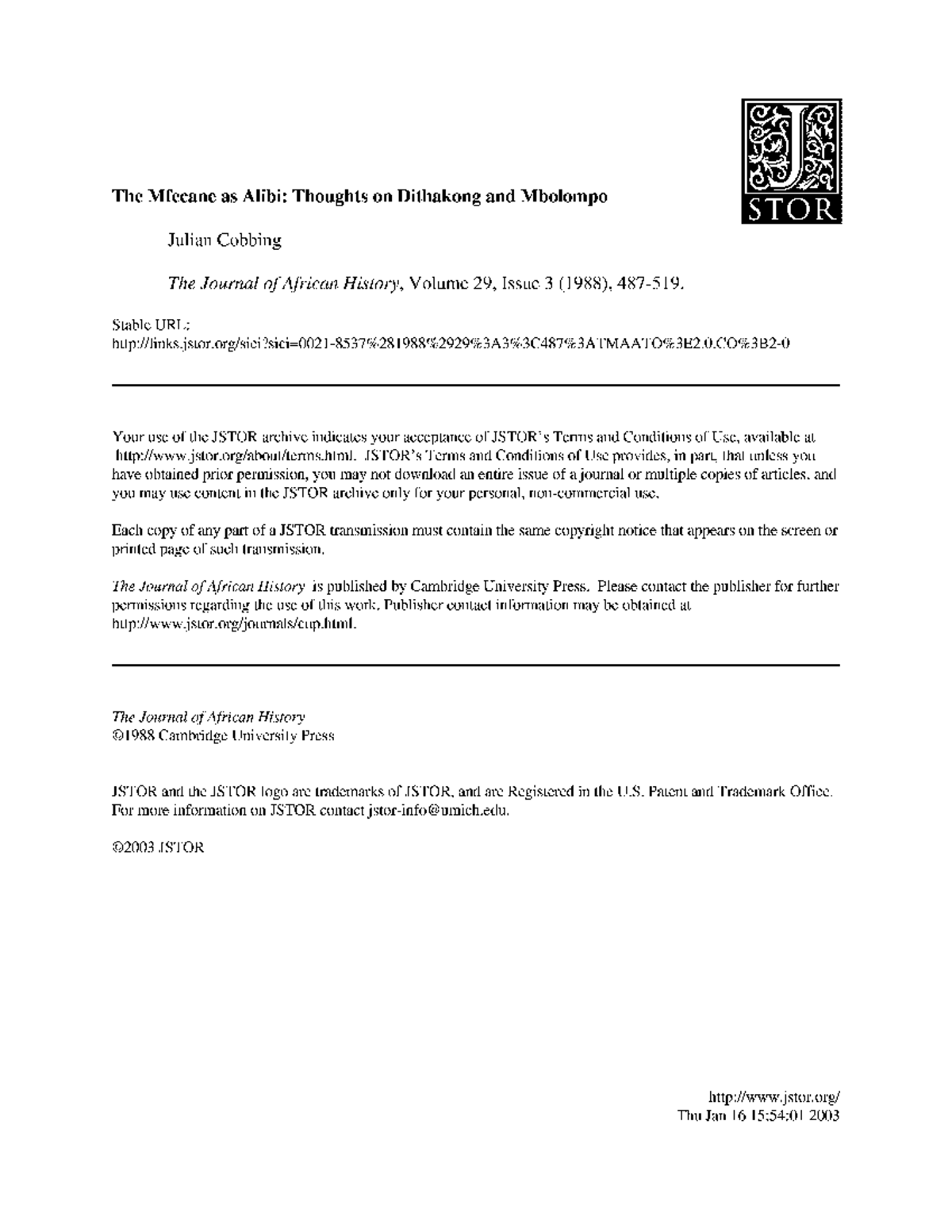The Mfecane as Alibi: Insights on Dithakong and Mbolompo (HIST 295 ...