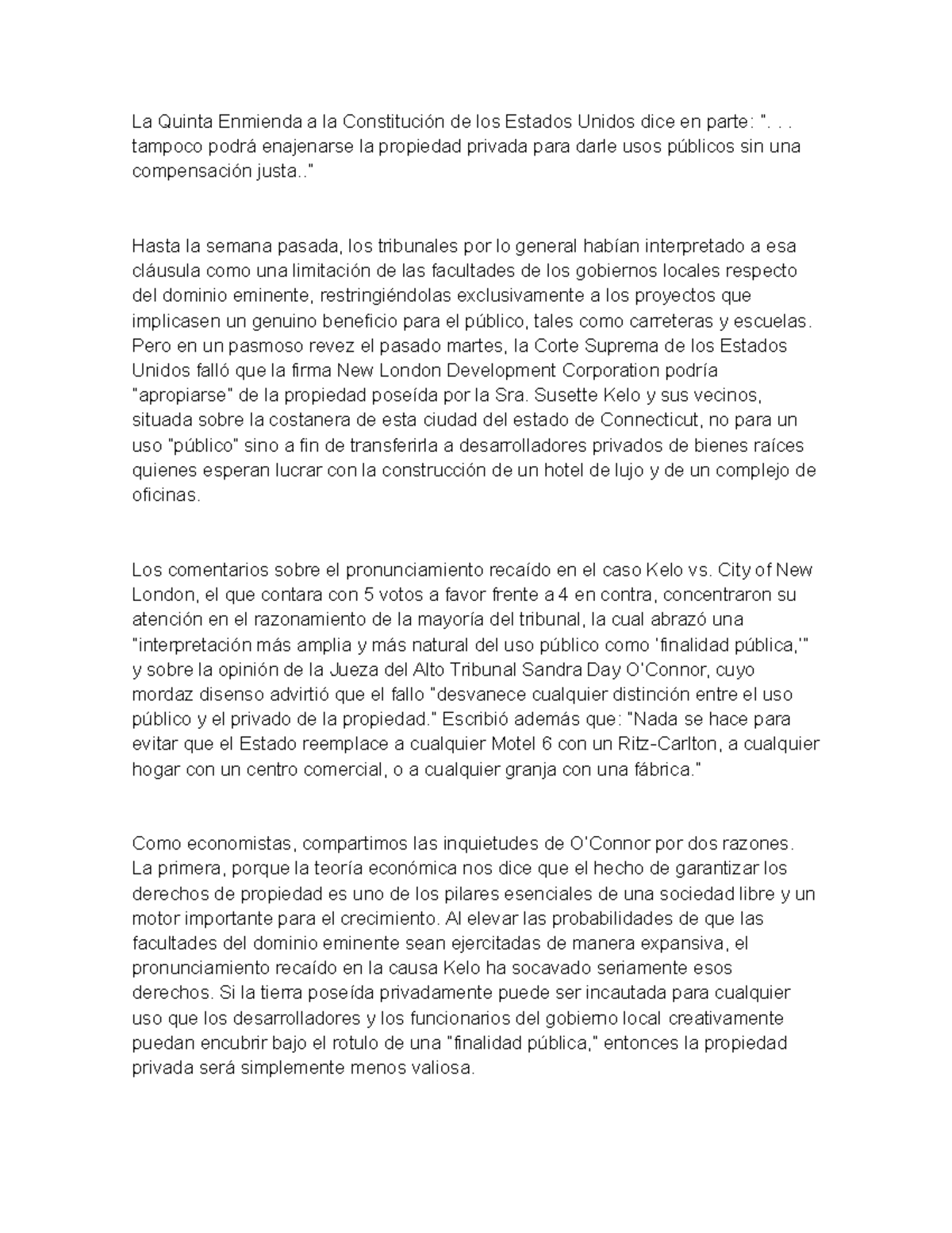 Caso Kelo vs. City of New London: Implicaciones de la Enmienda 5 - Studocu