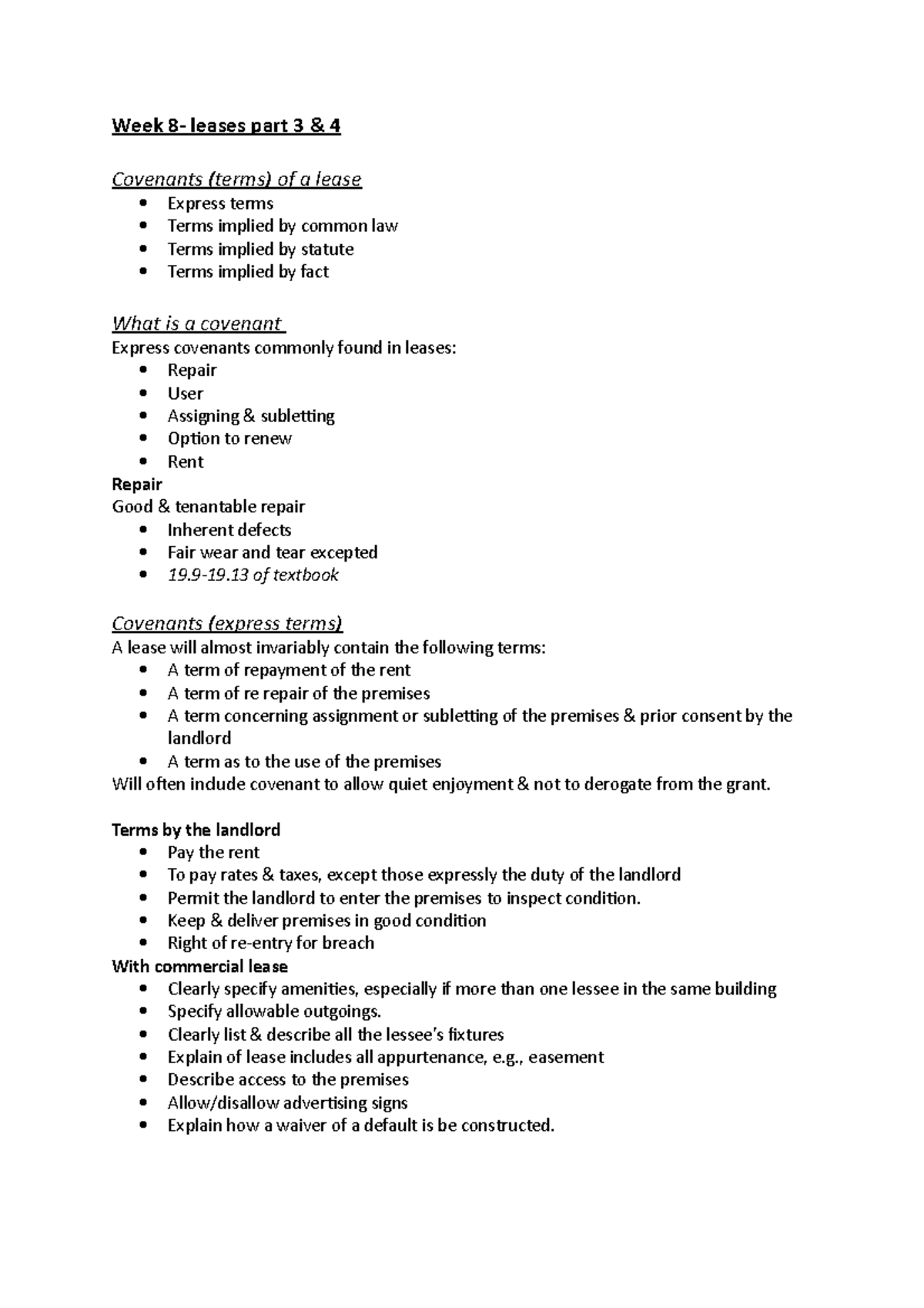 Leases Lecture notes Part 3 & 4 - Week 8- leases part 3 & 4 Covenants ...