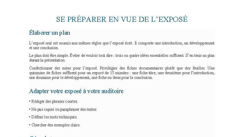 Méthodologie de l'Exposé - SE PRÉPARER EN VUE DE Présentation - Studocu
