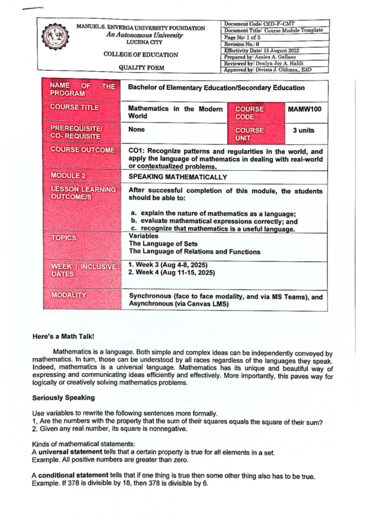 MAMW100 - Module 2: Speaking Mathematically in Modern Math - Studocu
