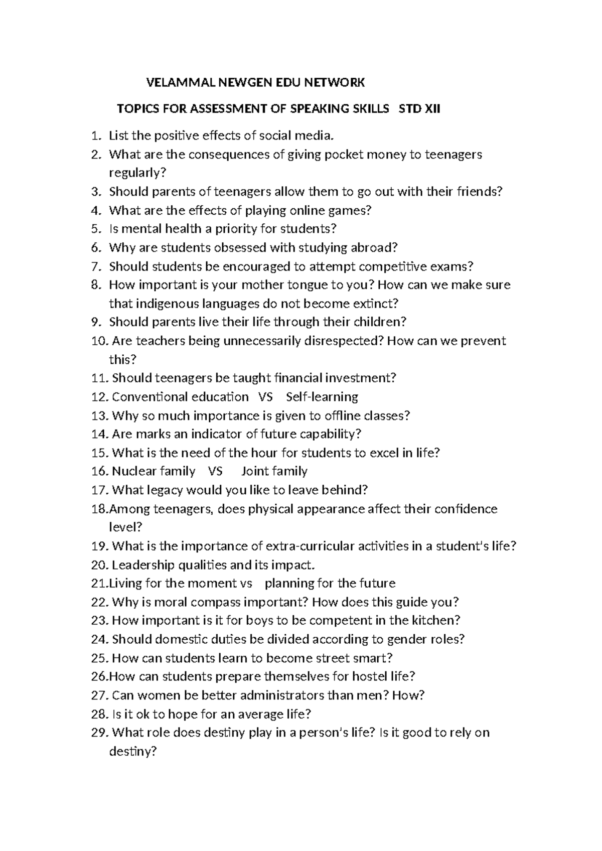 ASL Speaking Skills Topics for Std XII (2024-25) Assessment - Studocu