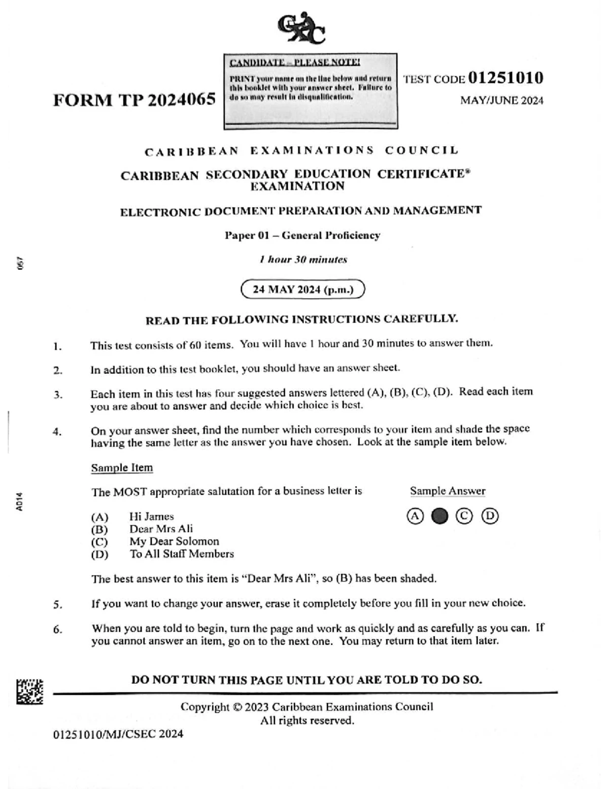 EDPM 01251020 Final Exam Paper 02 - Caribbean Secondary Education 2024 ...