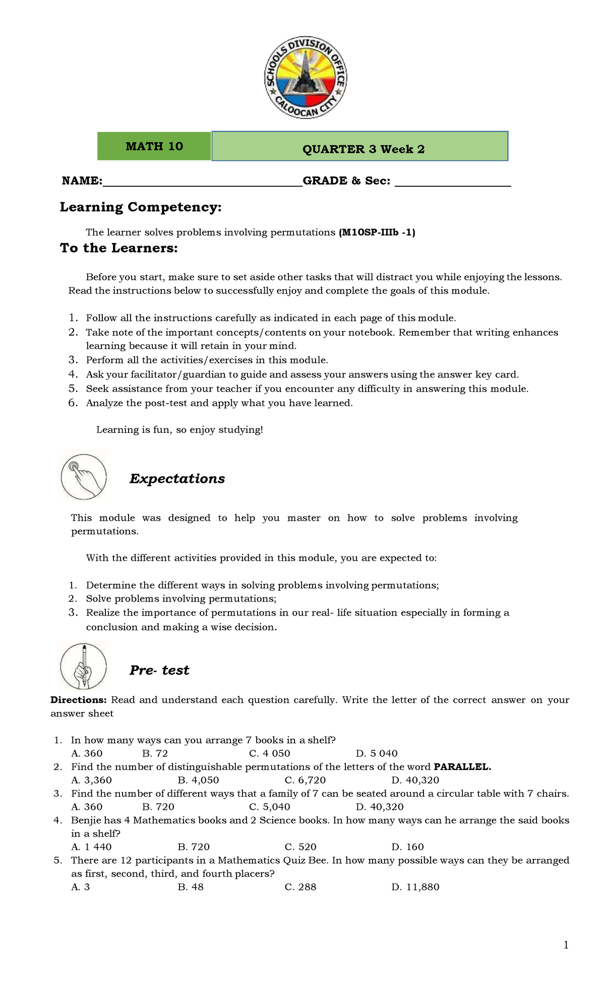 Math 10 Q3 Week 2 - Understanding Permutations and Factorials - Studocu