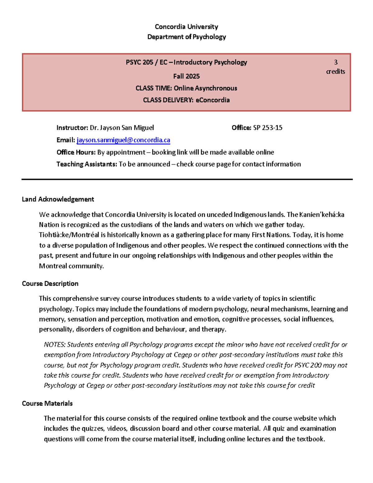 PSYC 205 EC Course Outline: Introductory Psychology Fall 2025 - Studocu