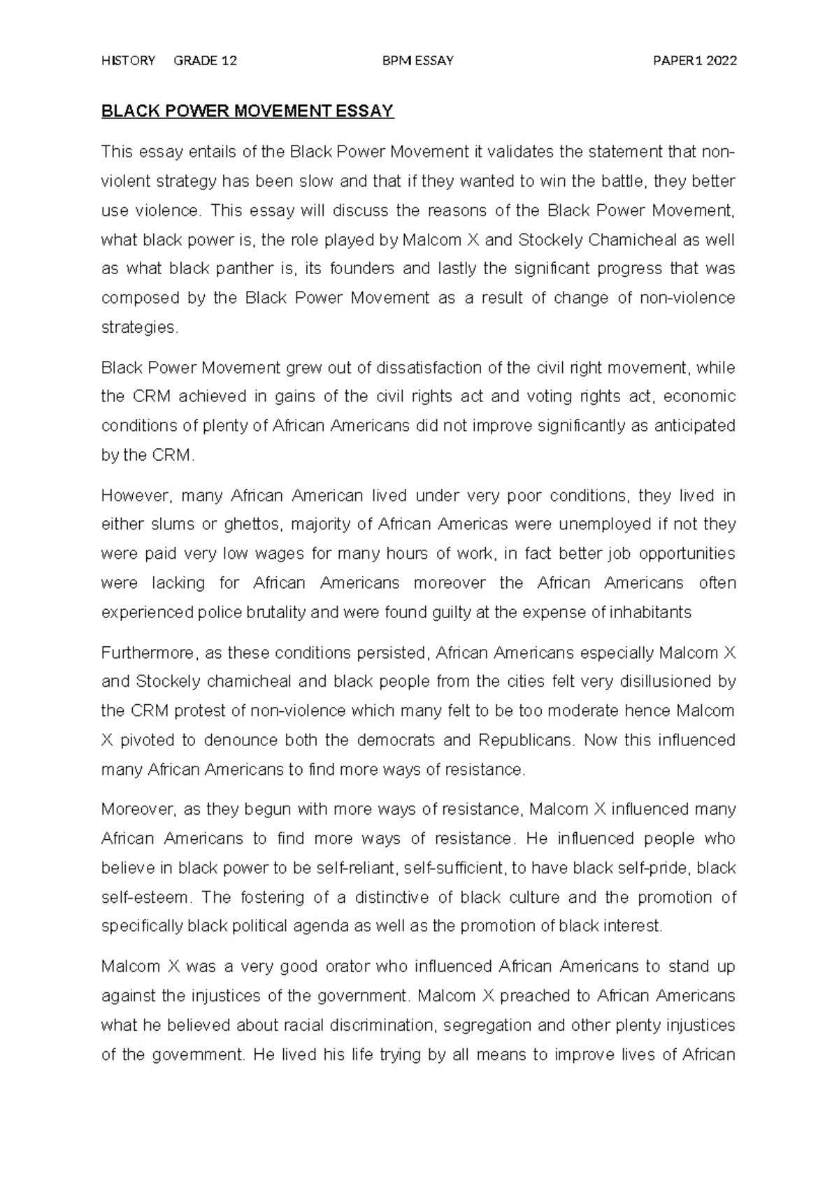 HIST GRADE 12 BPM ESSAY: Insights on the Black Power Movement 2022 ...