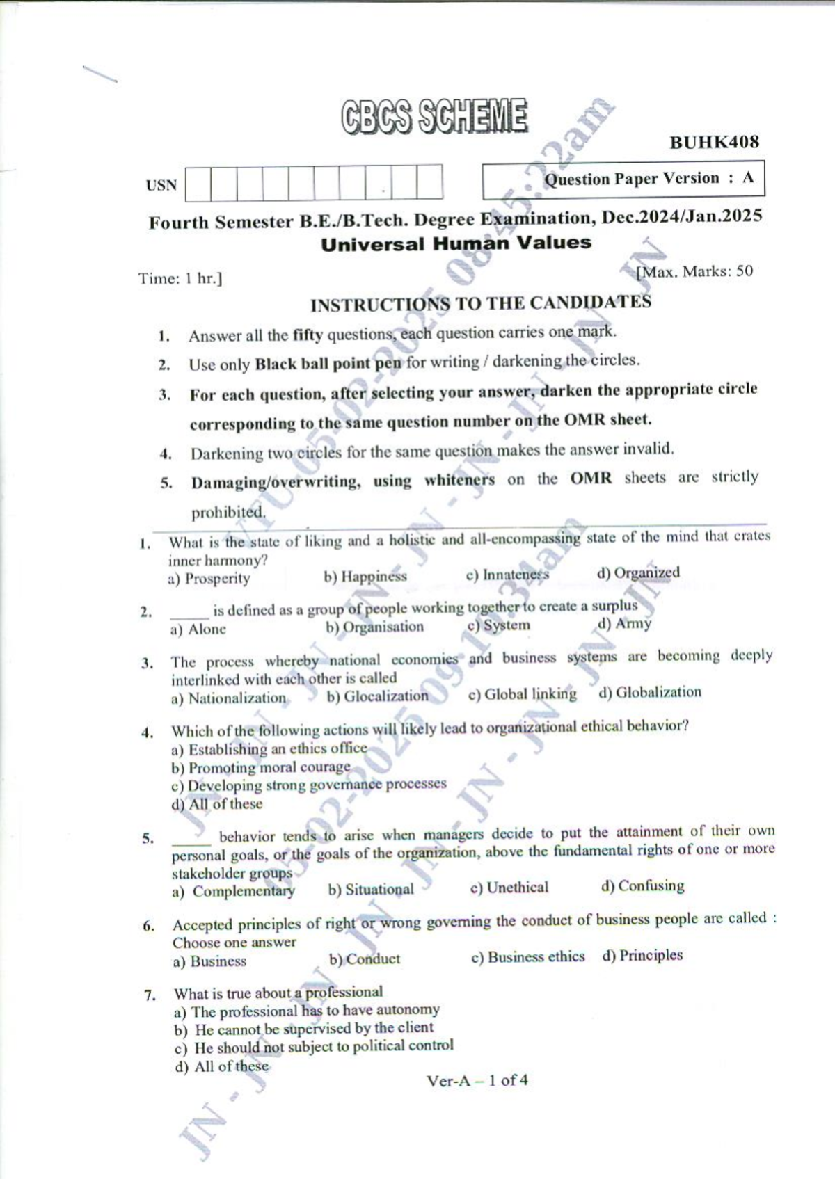 BUHK408 Fourth Sem Exam: Universal Human Values Question Paper A - Studocu