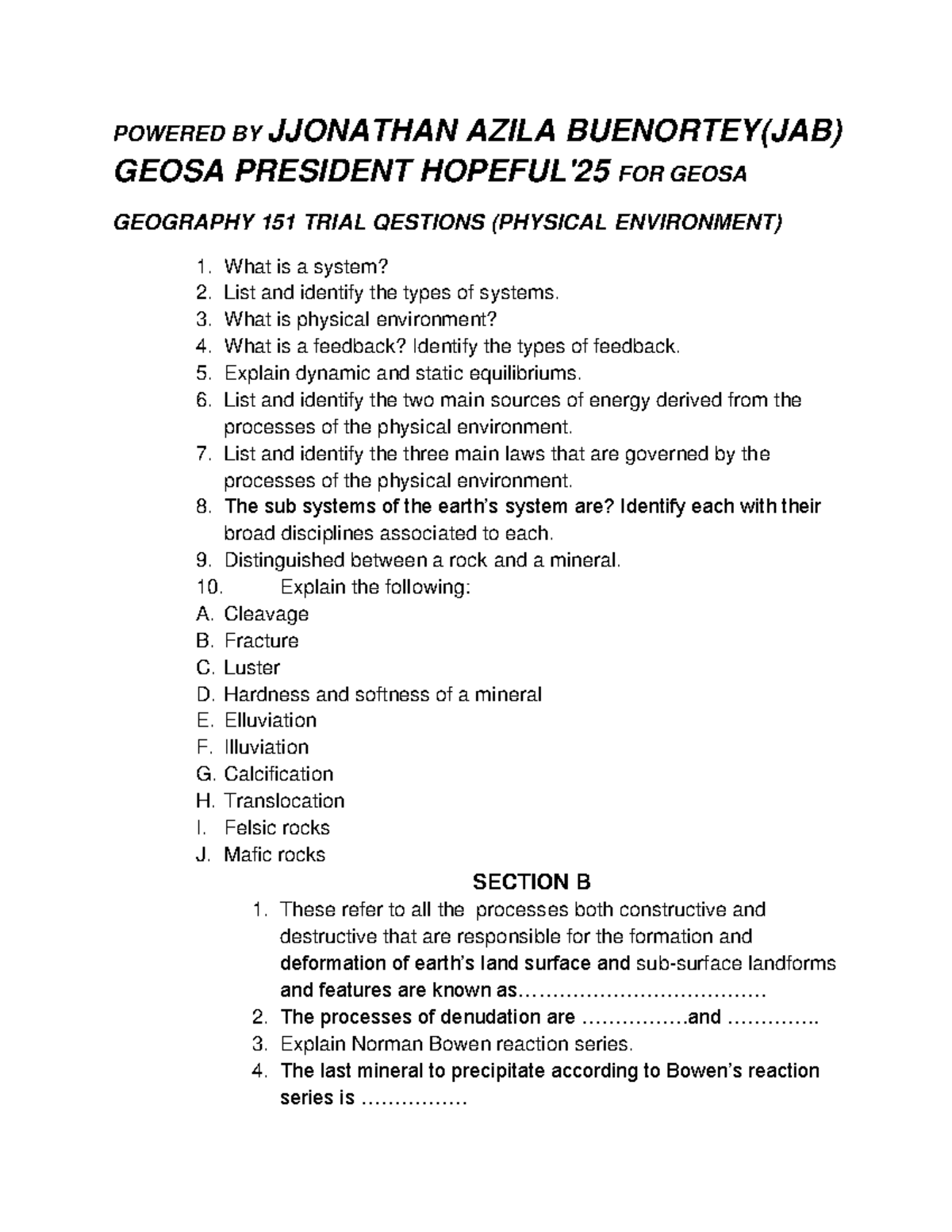 Geography 151 Final Exam: Questions on Physical Environment Concepts ...
