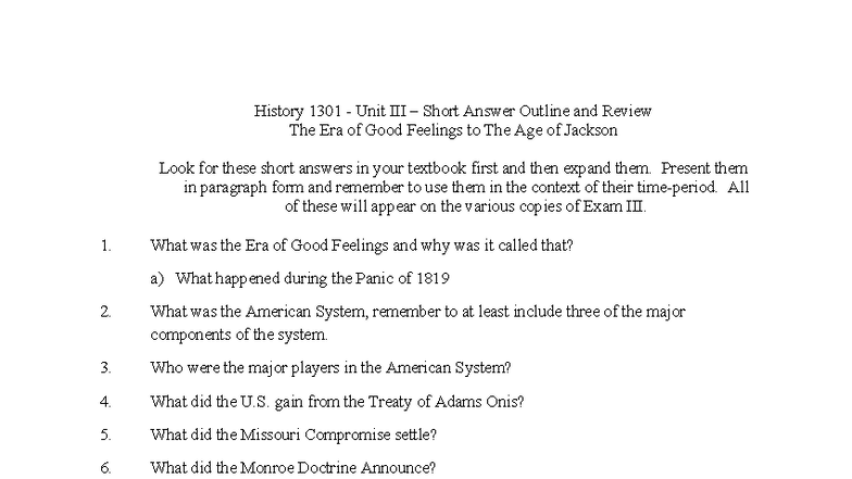History 1301 - Unit III Short Answer Review: Era of Good Feelings to ...