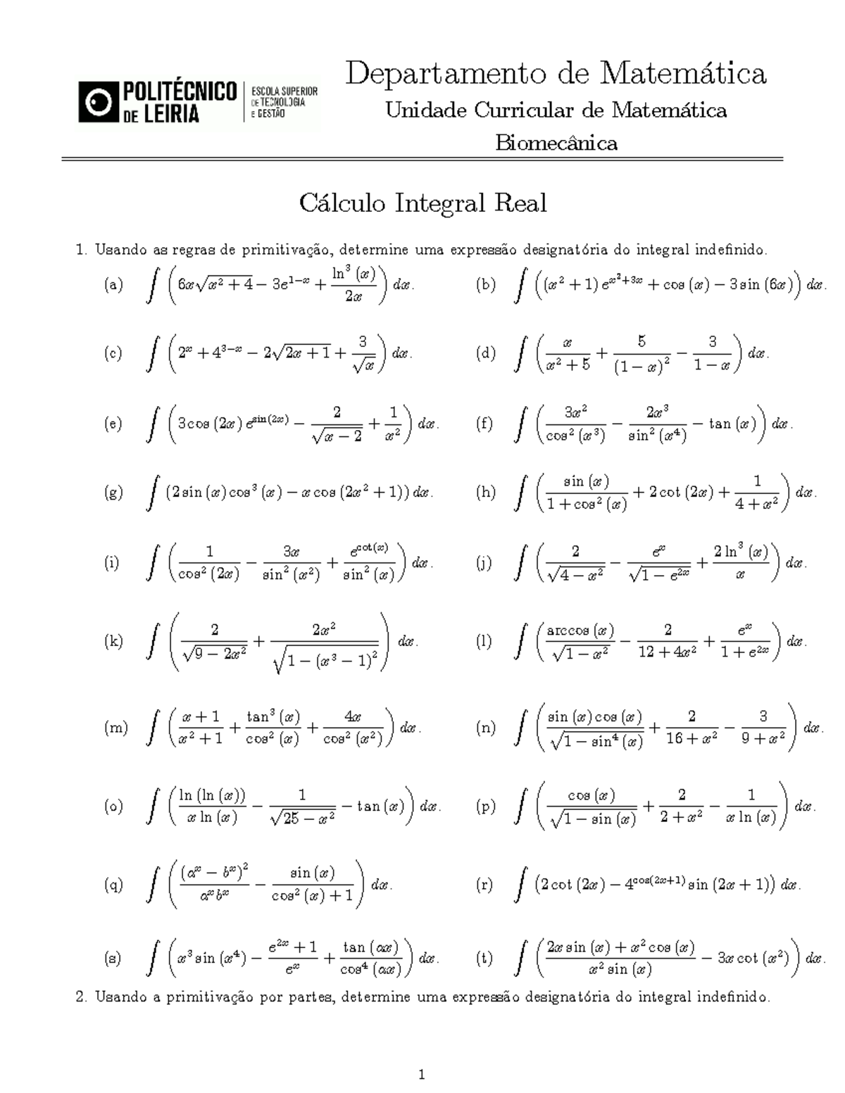 7FP Cálculo Integral Real - Soluções e Exemplos de Integrais - Studocu