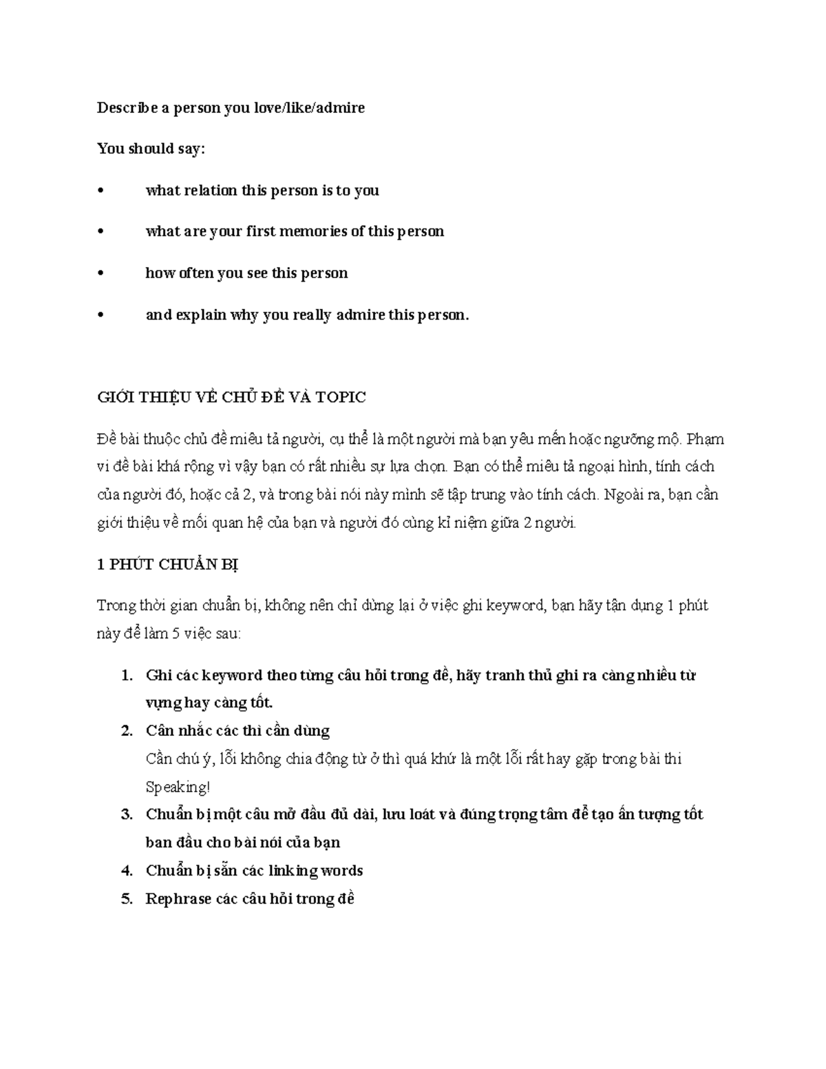 Sample speaking part 2 - Describe a person you love/like/admire You ...