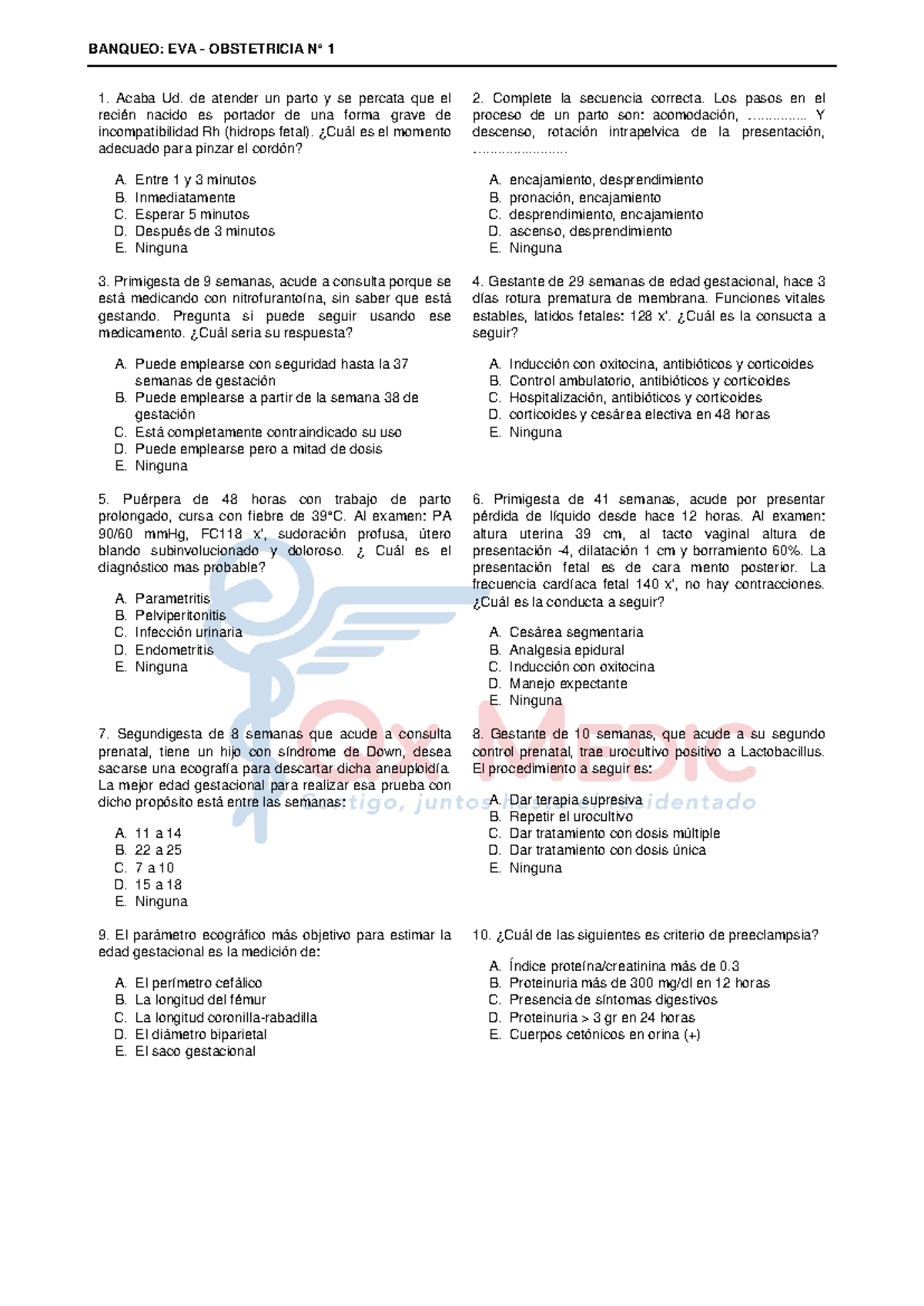 BANQUEO: EVA OBSTETRICIA N° 1 - Preguntas y Respuestas Clave - Studocu