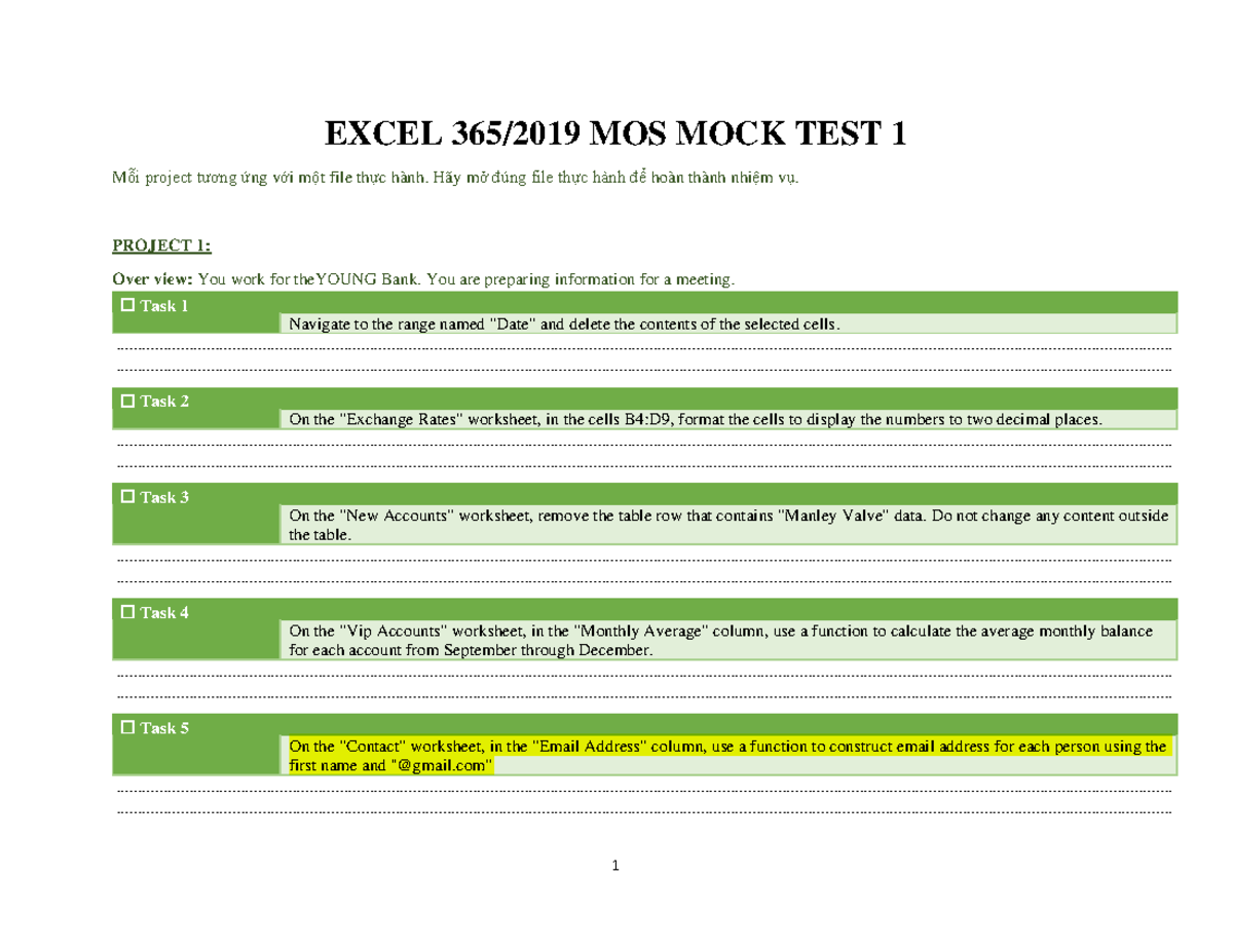 EXCEL 365-2019 MOCK TEST 1: Practical Project Tasks - Studocu