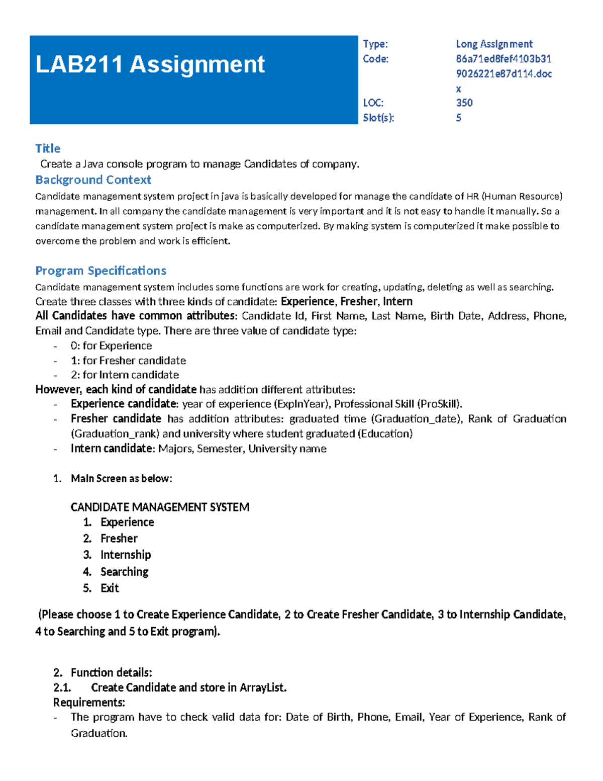 LAB211 Long Assignment: Java Candidate Management System - Studocu