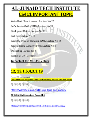 CS411 Mcq's Final Term By Vu Topper RM - CS- 411 Visual Programming Update MCQS For Final Term ...