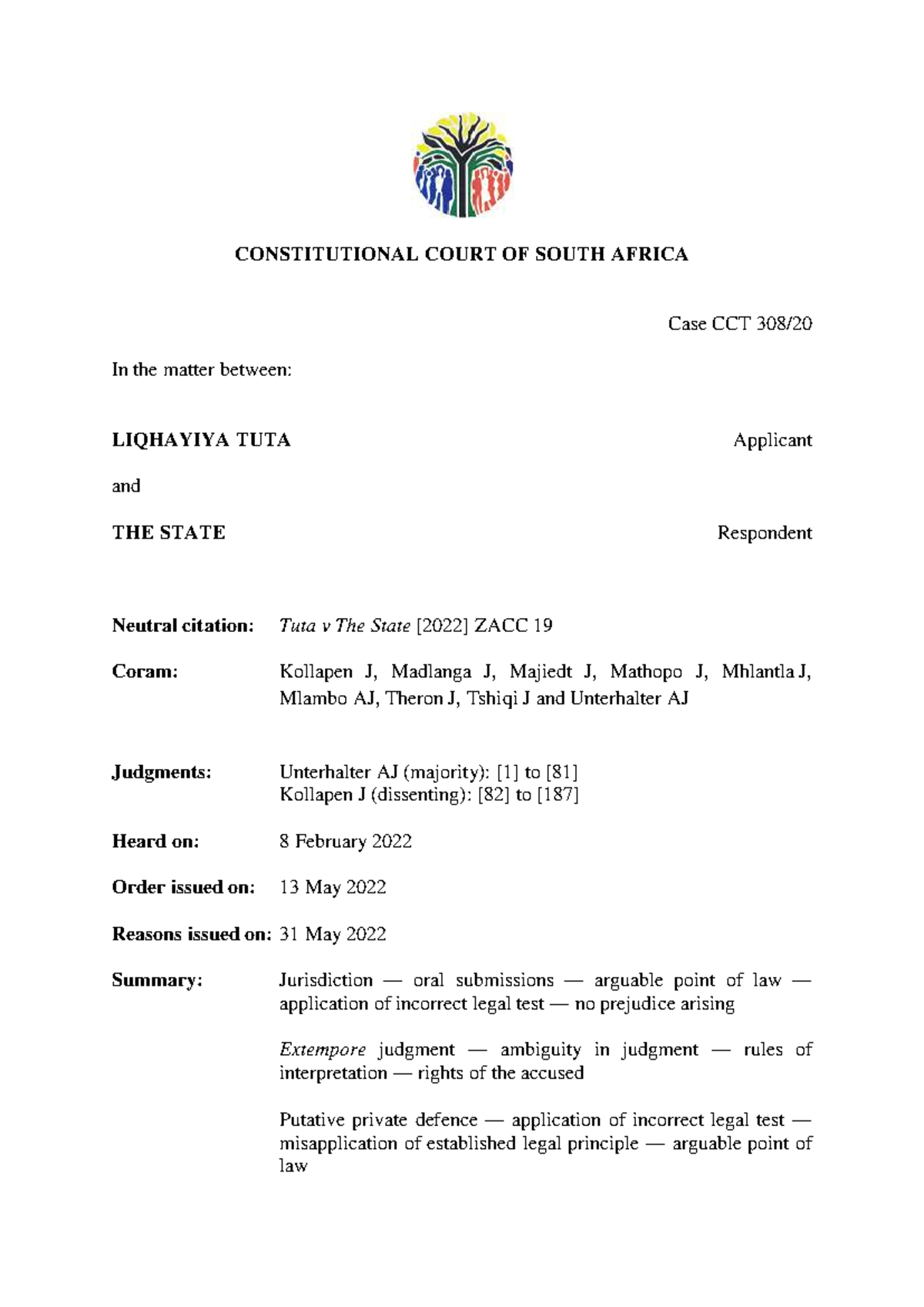 CCT 308-20 Case Study: Tuta v The State - Appeal Judgment Analysis - Studocu
