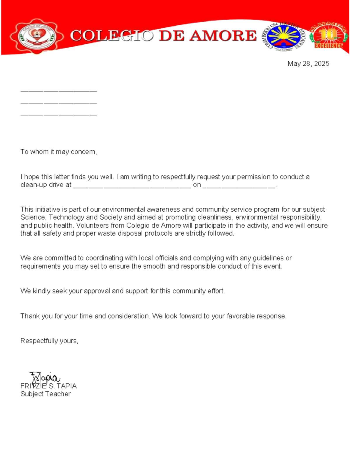 STS Community Service Clean-Up Request Letter - Studocu
