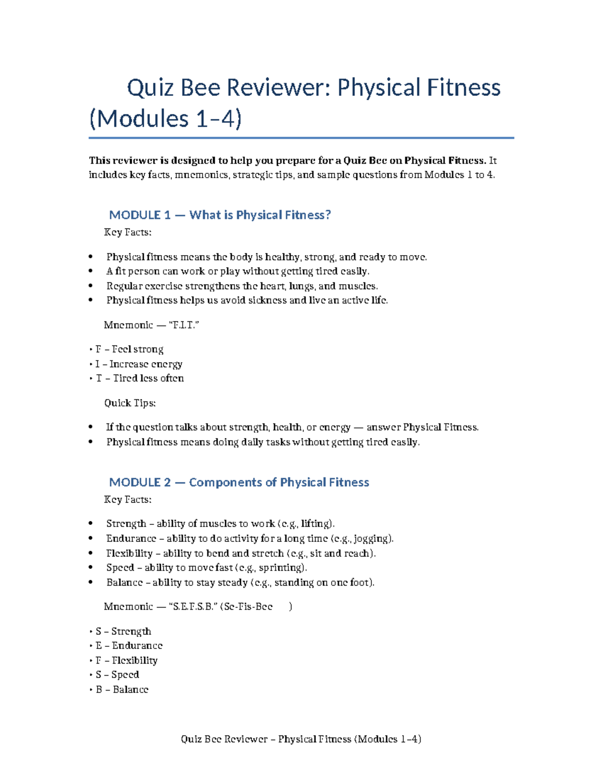 Quiz Bee Reviewer: Physical Fitness Modules 1-4 - Studocu