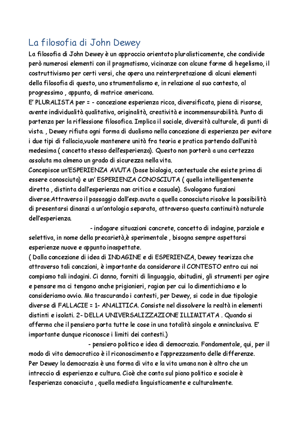 La filosofia di John Dewey - PLURALISTA per concezione esperienza ricca ...