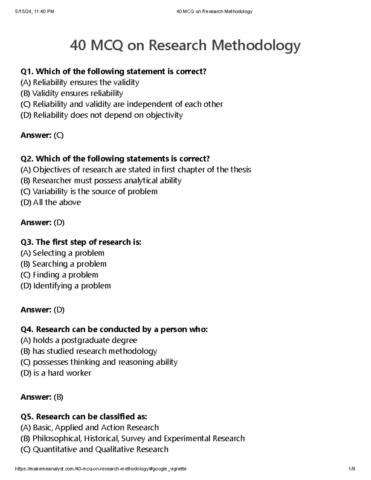 40 MCQs on Research Methodology: Comprehensive Study Guide for Students ...