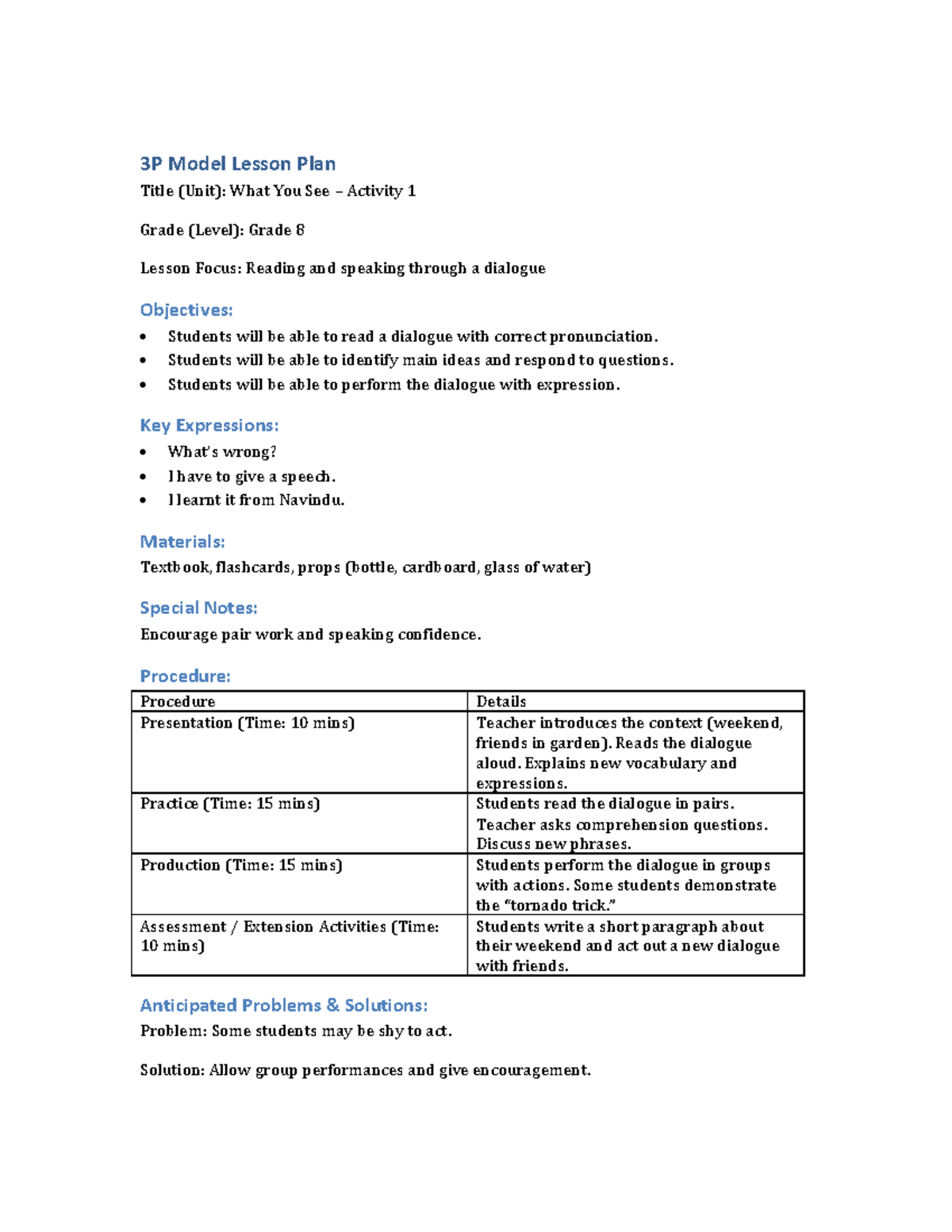 Grade 8 English 3P Model Lesson Plan: What You See Activity - Studocu