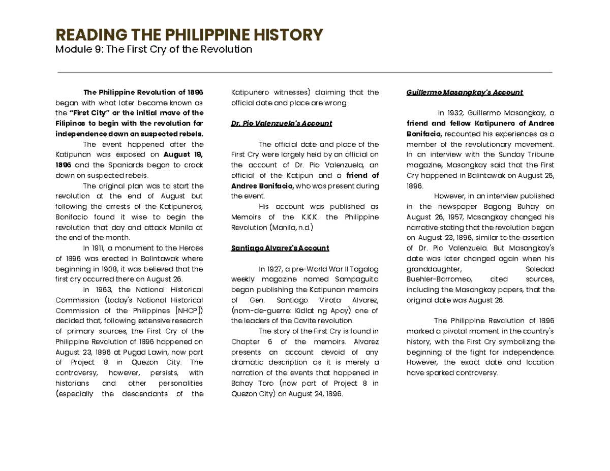 RPH MOD-9 - Rizal - READING THE PHILIPPINE HISTORY Module 9: The First ...