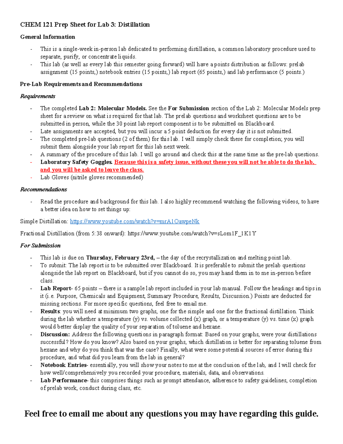 CHEM 121 Lab 3 Distillation: Prep Sheet & Guidelines - Studocu