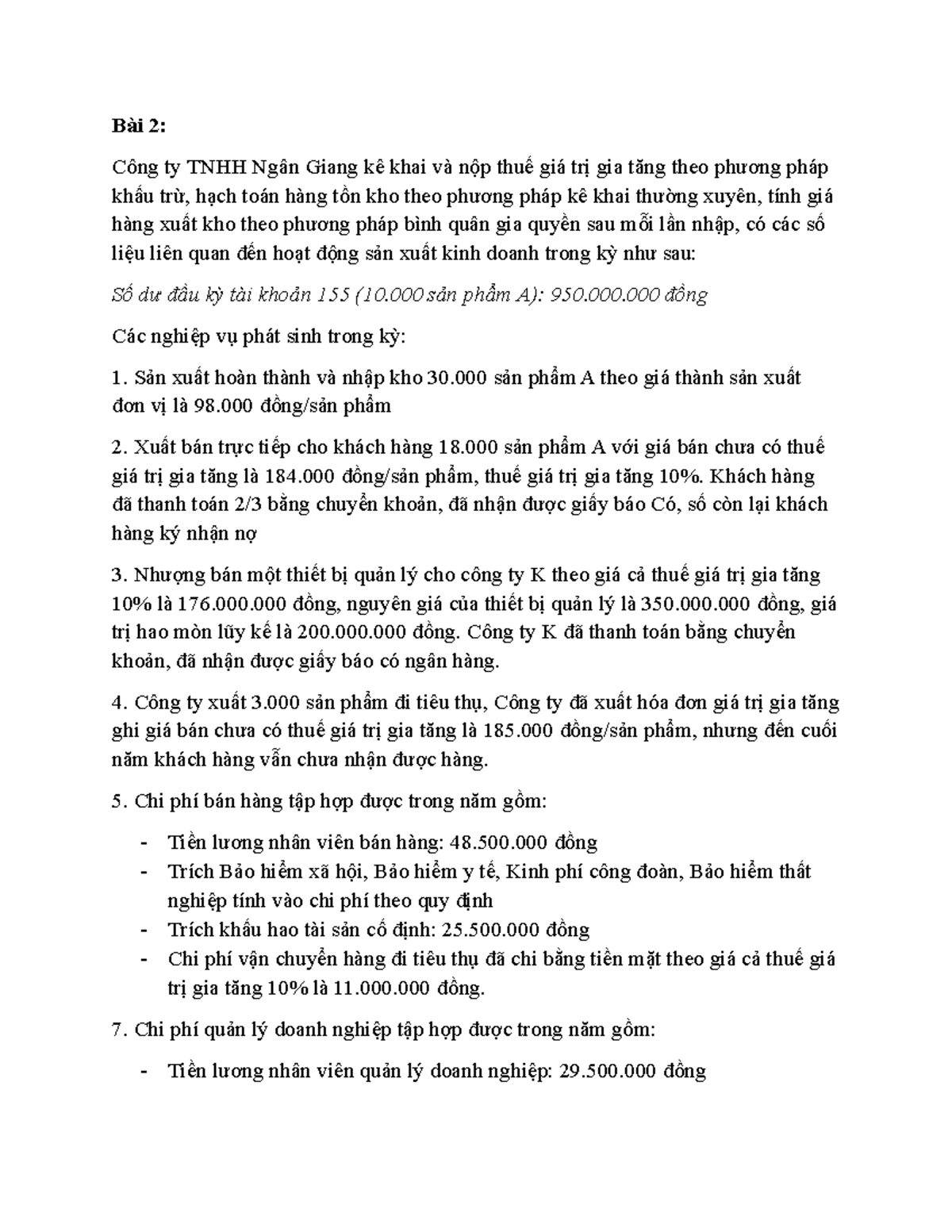 Bài 2: Thống kê kê khai thuế GTGT và hạch toán hàng tồn kho - Studocu