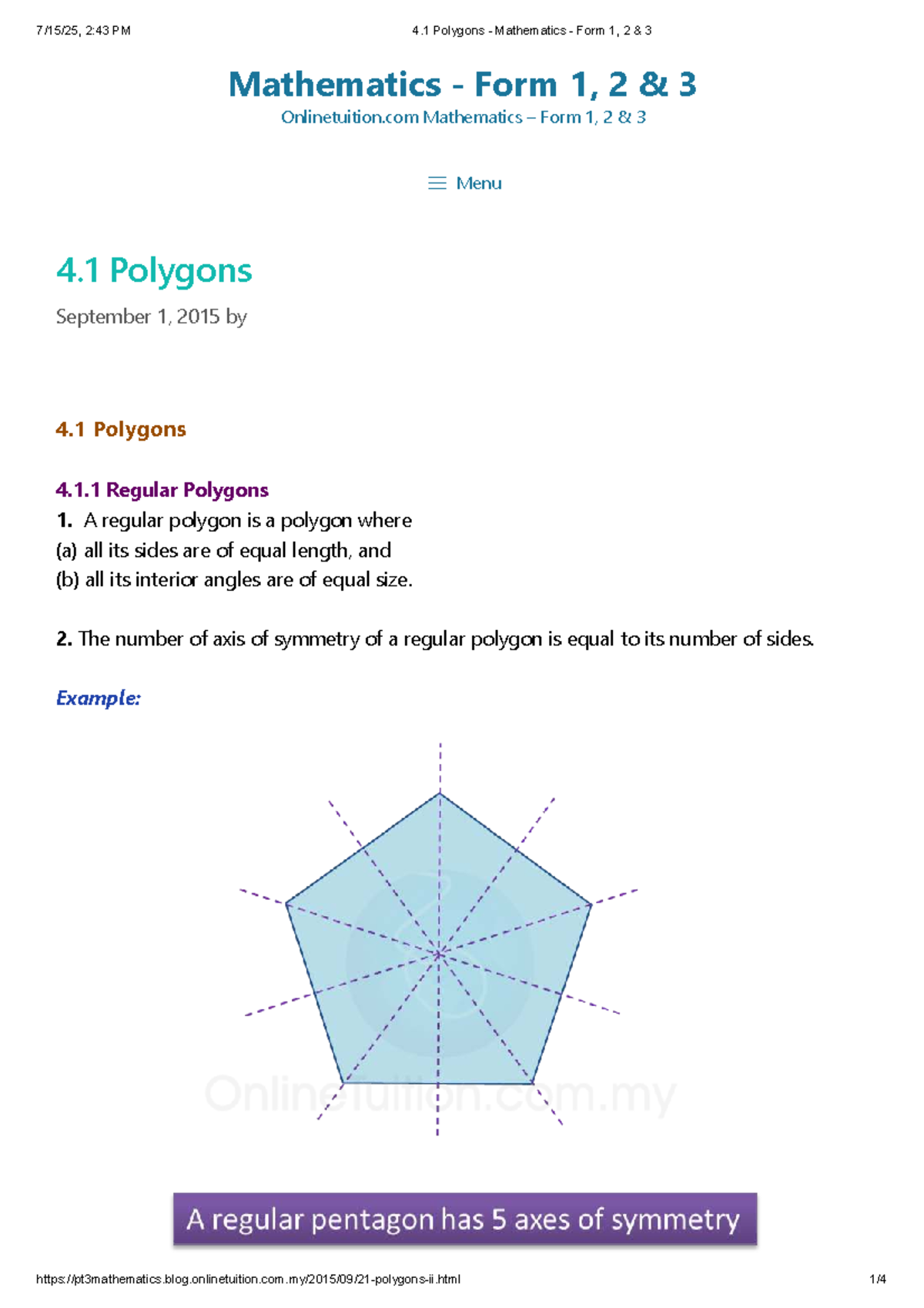 Mathematics Form 1: 4.1 Polygons Study Notes - Studocu