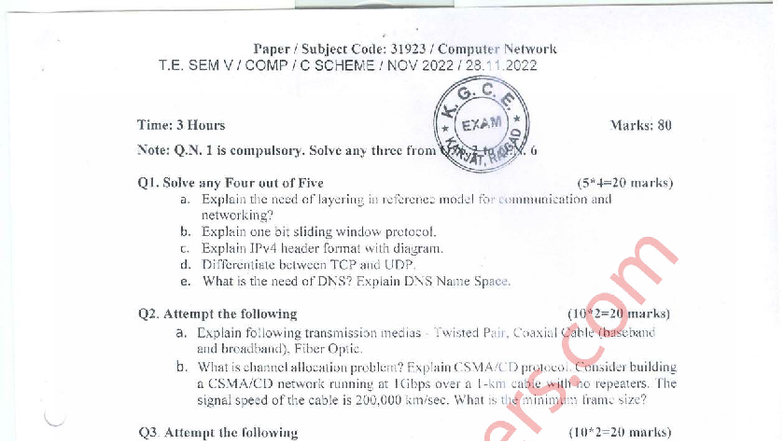 Computer Network Exam Paper - 31923 - Semester 5 - Dec 2022 - Studocu