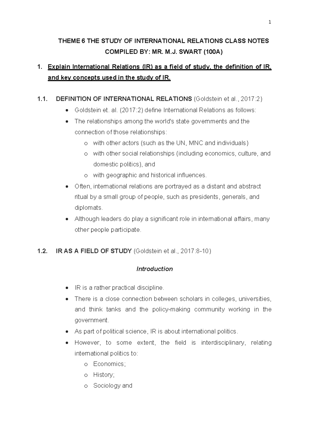 International Relations (100A) Class Notes: Key Concepts & Actors - Studocu