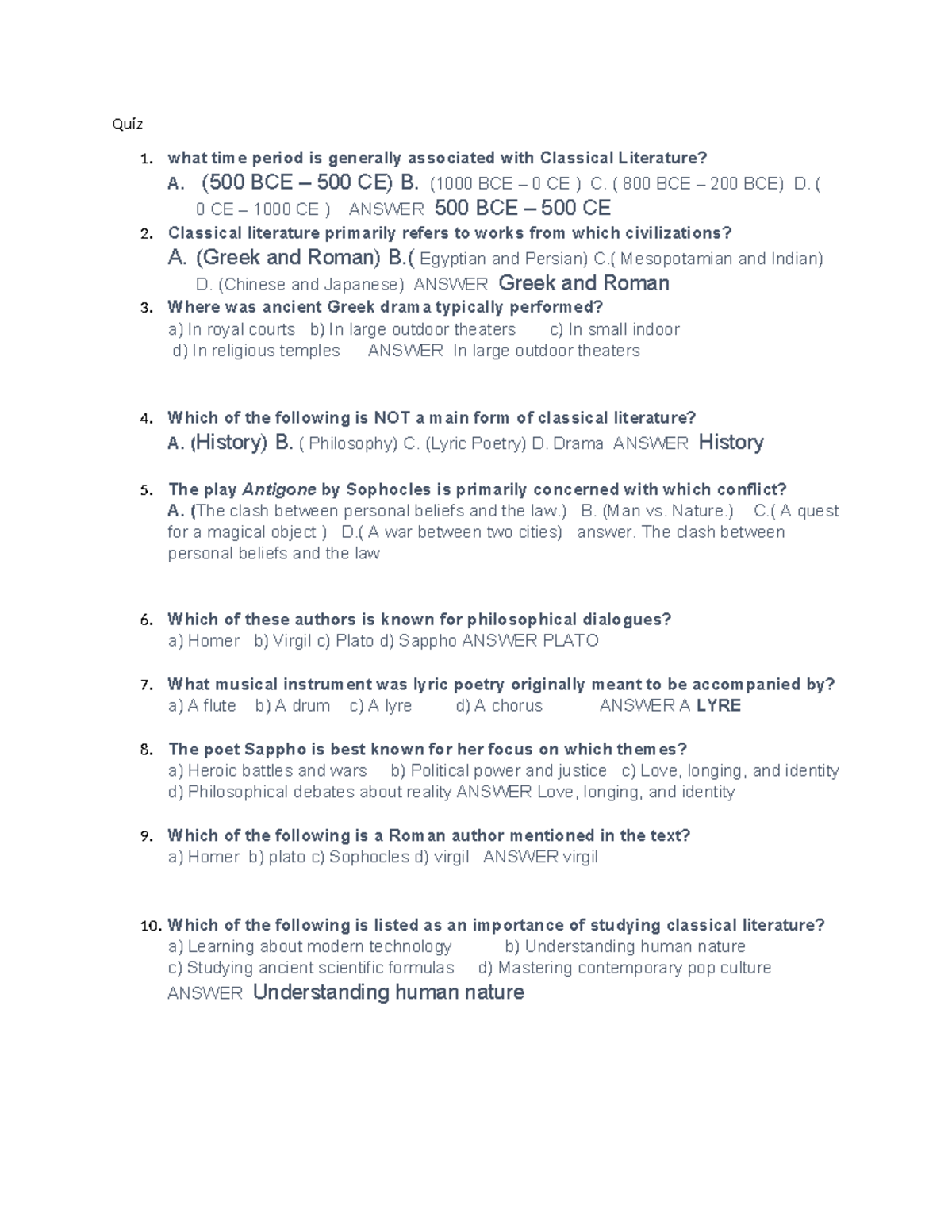 Quiz 1: Classical Literature Insights - GreatBooks Course - Studocu