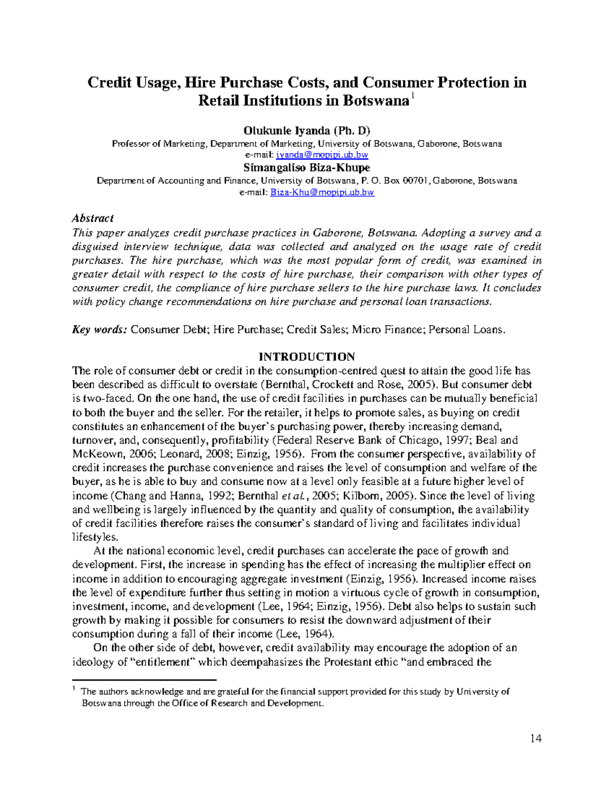 Credit Usage and Hire Purchase Costs: Consumer Protection in Botswana ...