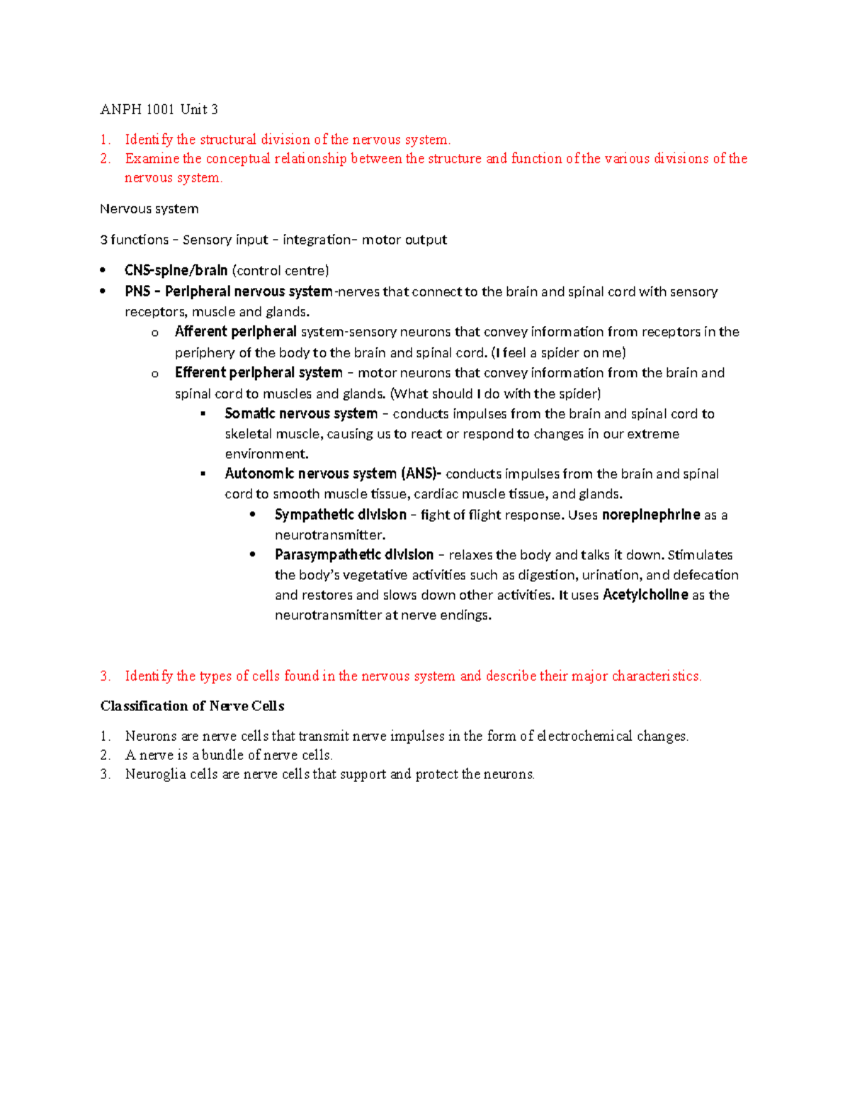 ANPH 1001 Unit 3 - Summary of Nervous System Anatomy and Functions ...