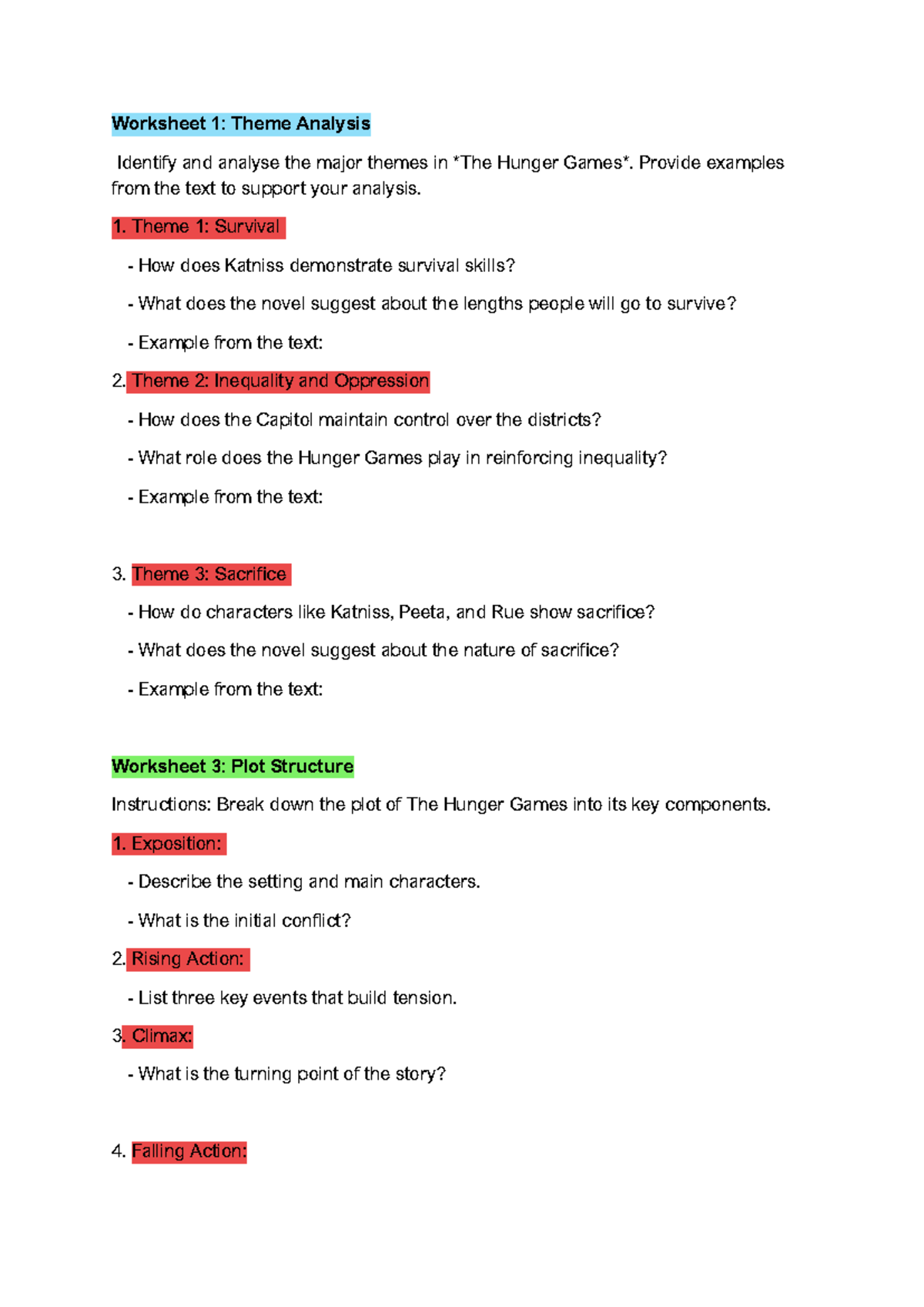 Worksheet: Theme Analysis & Plot Structure of *The Hunger Games ...
