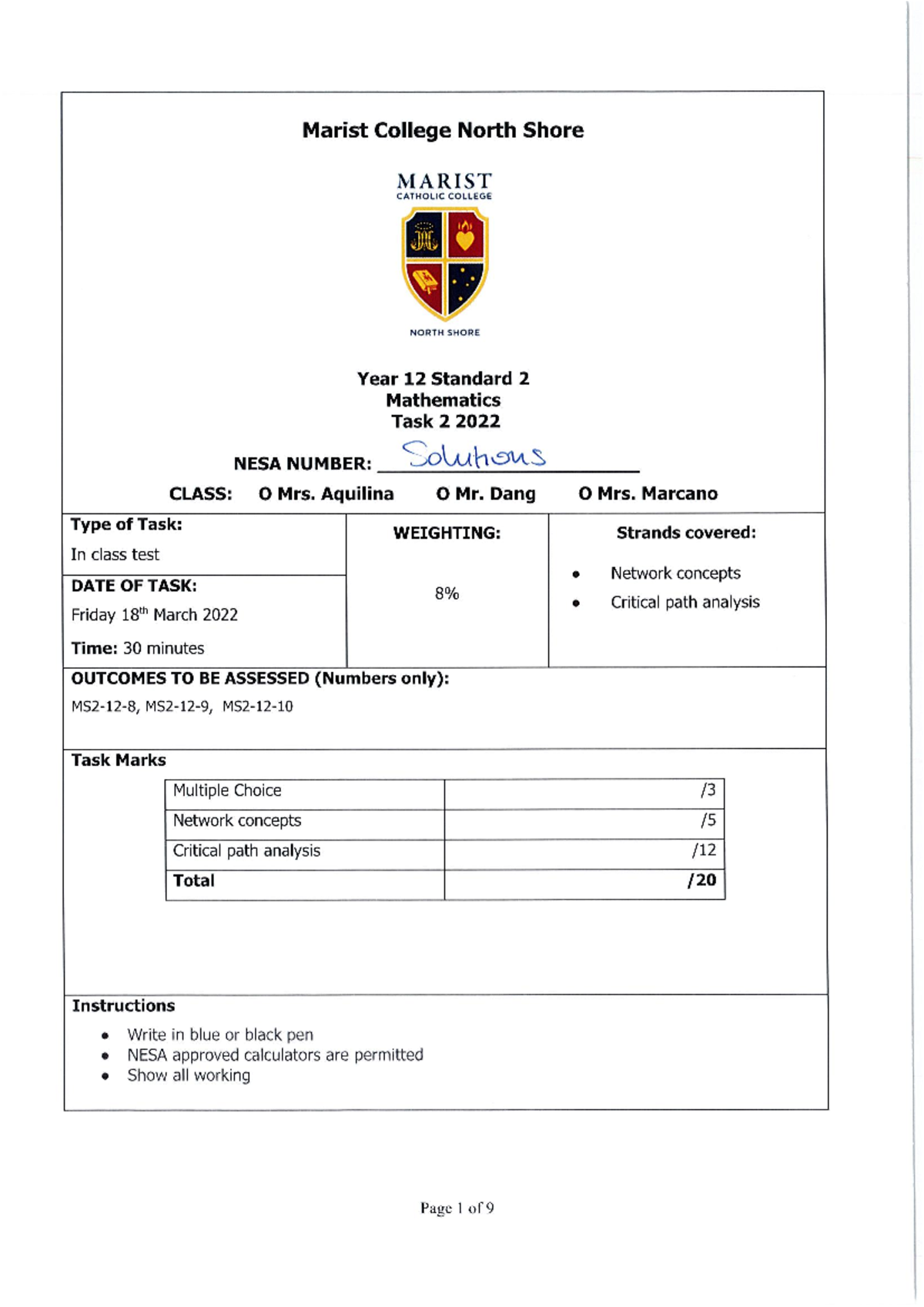 2022 Y12 Mathematics Standard 2 Task 2 - Solutions Guide - Studocu