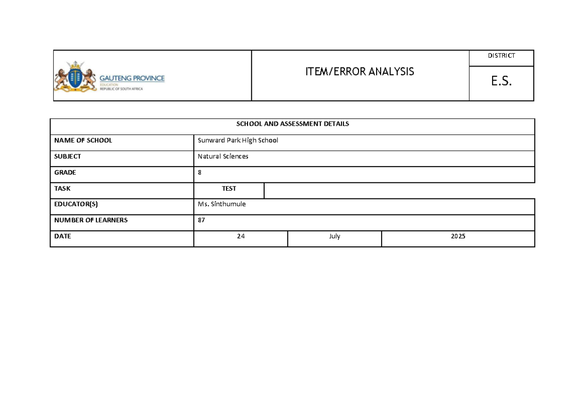 Error Analysis for Grade 8 Natural Sciences Test - Term 2 - Studocu
